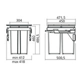 Inbouwafvalemmer Evo 58 liter, geschikt voor kastbreedte 450 mm, antraciet - kast-inrichting.nl